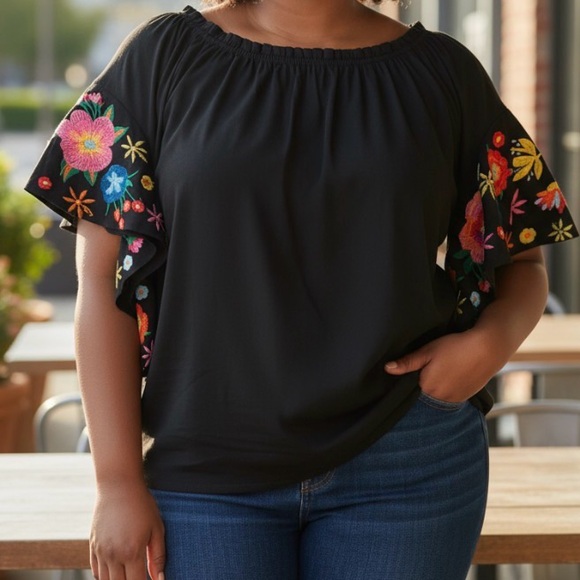 ODDY | Tops | Oddy Black Top Colorful Floral Embroidery Linen Blend ...